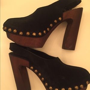 Shoes | Black Suede Clogs With Wood Platform | Poshmark
